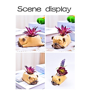 Cute Puppy Pug Flower Pot with Drainer Garden Flower Pot Resin Succulent Potted Bonsai Plant Stand Home Desk Mini Ornaments Balcony Gardening Flower Pot Does Not Contain Plants