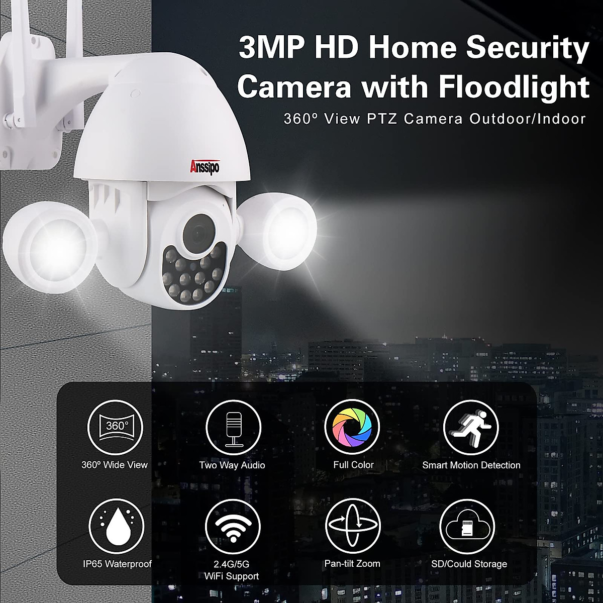 Anssipo 5G 2.4GHz WiFi Security Camera Outdoor Wireless, 3MP Floodlight Video Surveillance, Pan Tilt 360° View, Motion Detection, Auto Tracking Smart Alerts, Two Way Audio