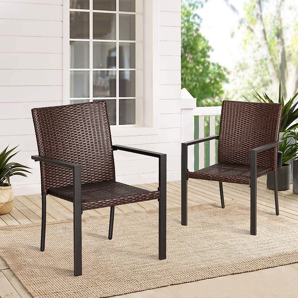 BALI OUTDOORS Patio Wicker Chairs, Outdoor Chairs for Firepit Area Stackable Patio Dining Chairs Set of 2, Multibrown All Weather Resistant Chair Set for Patio, Garden, Lawn, Backyard and Porch