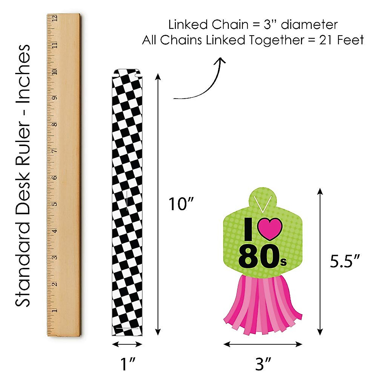 Big Dot of Happiness 80’s Retro - 90 Chain Links and 30 Paper Tassels Decoration Kit - Totally 1980s Party Paper Chains Garland - 21 feet