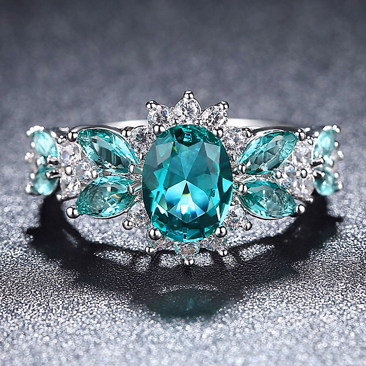 Emsione Silver Plated Cubic Zirconia Oval Cut Flower Wedding Band Eternity Promise Ring for Women Size 7