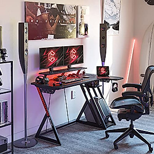 CubiCubi Gaming Desk with LED Lights & Power Outlets, 47 Inch L Shaped Carbon Fiber Surface Desk with Storage Shelves, Small Corner Computer Desk with Monitor Shelf, Black