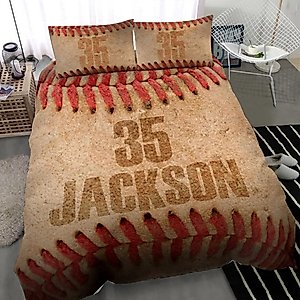 OhaPrints Custom Baseball Texture Vintage Brown Player Gift Personalized Name Number Duvet Cover & Pillowcase, Lightweight Duvet Protector Comforter Cover, Twin Full Queen King Size Bedding Bed Set