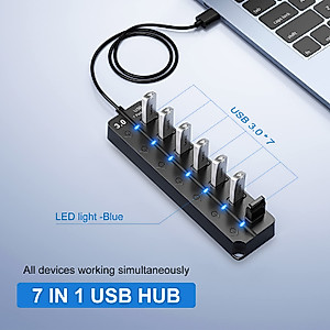 ONFINIO USB Hub 3.0, 7-Port USB Hub Splitter with Individual On/Off Switches and Lights, 3.2ft/1m Long Cable Compatible with MacBook, Laptop, Surface Pro, PS4, PC, Flash Drive, Mobile HDD