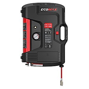 ECOMAX Portable Air Compressor, Wall-Mount Compressor with 30 Feet Air Hose, Mini Tank 125 PSI MAX Pressure & 1.5 HP, Oil-free Long Life Cycle for Shop, Garage and Home