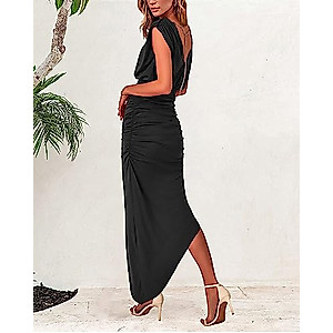 BTFBM Women Sleeveless Ruched Bodycon Dress 2023 Summer High Waist Asymmetrical Slit Formal Party Cocktail Maxi Dresses(Solid Black, Medium)