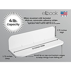 eLhook Made in USA White Stick-On Removable Adhesive Floating Wall Shelf Durable Textured ABS Injection Molded Plastic with Lipped Edges | Designed for Stick-On Adhesives or Screws