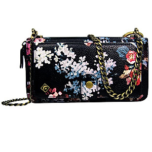 XGrand iPhone 13 Pro Max [3 in 1] Detachable Magnetic Zipper Purse Slots Money Pocket Clutch Crossbody Chain Wrist Strap Leather Wallet Cases - Black Floral