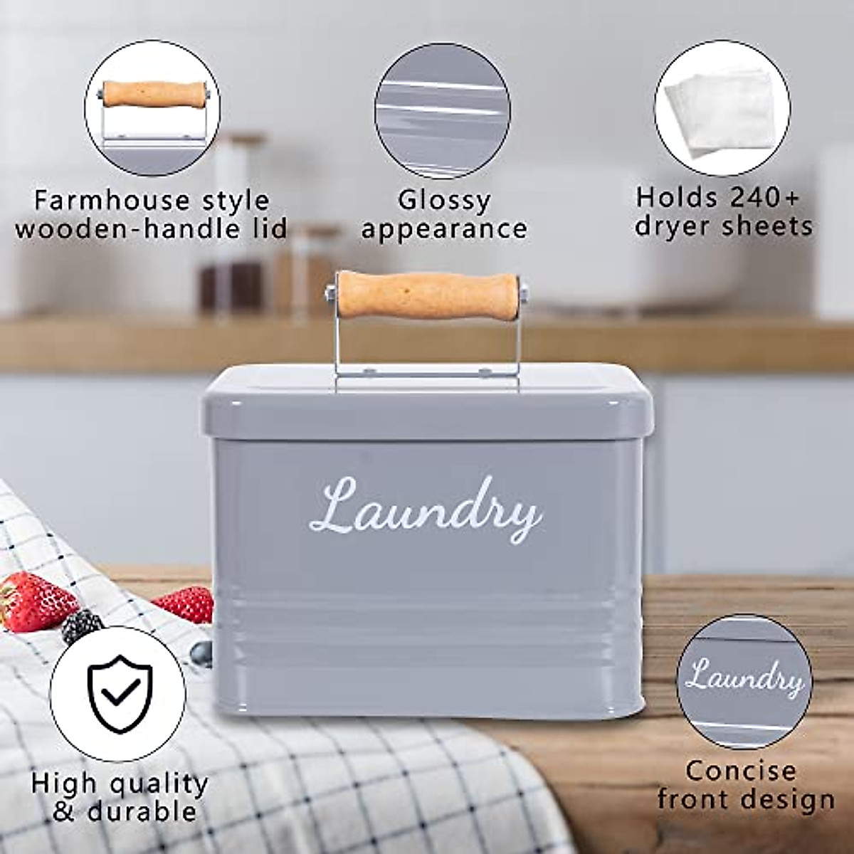Candco Laundry Dryer Sheets Holder with Lid, Farmhouse Metal Laundry Room Organization, Fabric Softener Dispenser for Laundry Room Decor, Space Saving and Storage (Grey)
