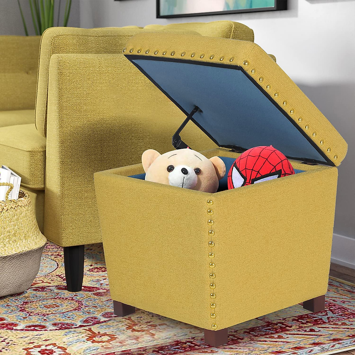 Adeco Square Storage Ottoman with Hinged Lid, Modern Accent Bench Footrest Stool, Coffee Table for Living Room Bedroom,Yellow Large