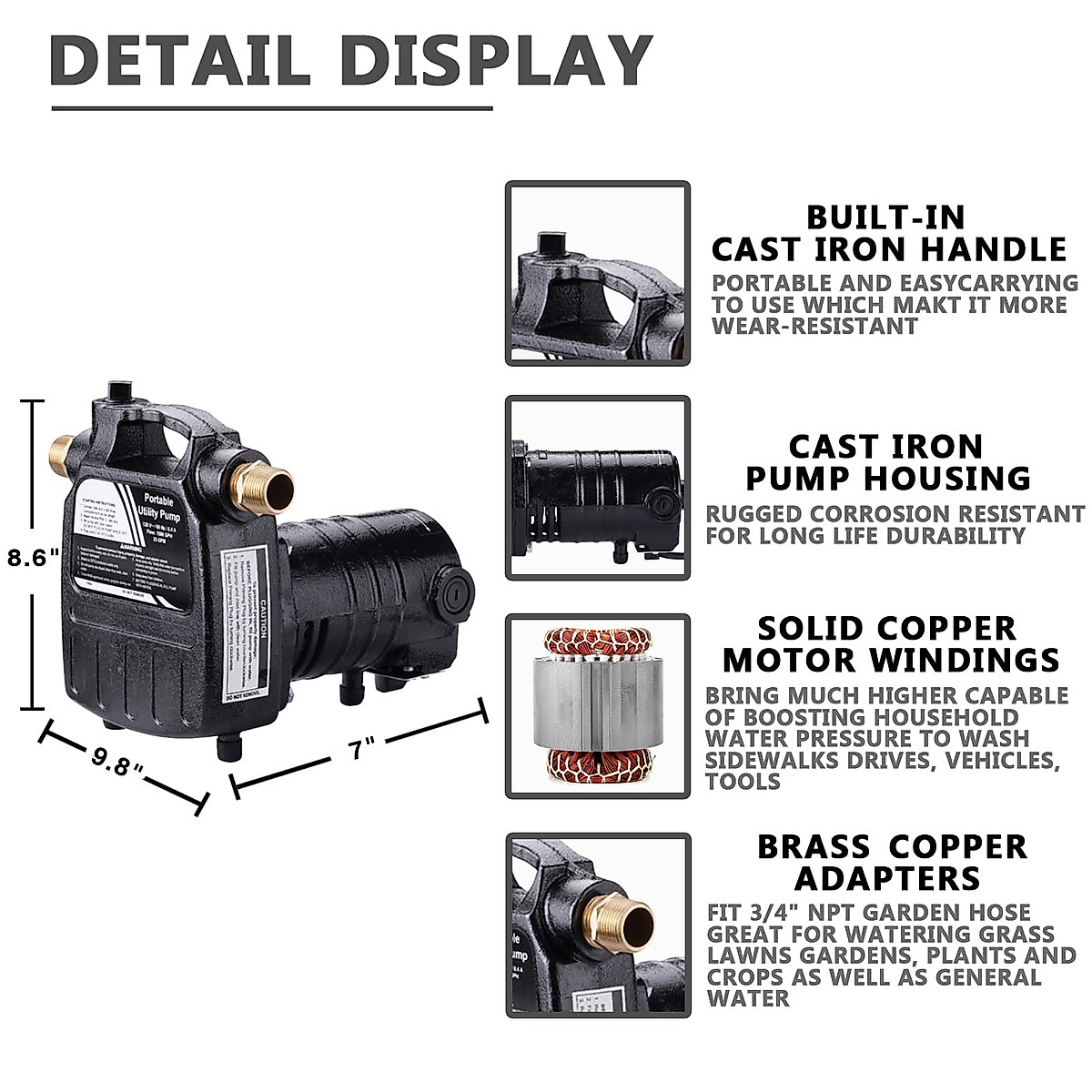 EXTRAUP 115Volt 1/2HP 1500 GPH Heavy Duty High Pressure Cast Iron Casing Water Transfer Utility Pump With Brass Connectors and Suction Strainer