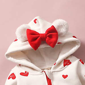 Newborn Baby Girl Valentine's Day Outfits Zipper Love Heart Hooded Romper Jumpsuit Fall Winter One Piece Clothes