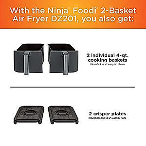 Ninja DZ201 Foodi 6-in-1 2-Basket Air Fryer with DualZone Technology, 8-Quart Capacity, and a Dark Grey Stainless Finish (Dark Grey Stainless) (Renewed)