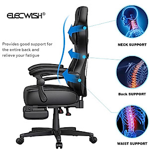 ELECWISH Gaming Chair, Reclining Computer Chair with Footrest and Lumbar Support, High Back Ergonomic Gamer Chair for Adults, Gaming Desk Chair with Headrest PU Leather