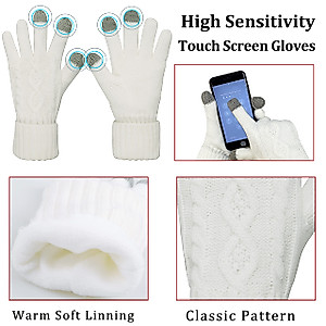 Scarf Hat Gloves Set Women Warm Knit Winter Gift Pom Beanie Touch Screen 3 Pcs (Cream white)