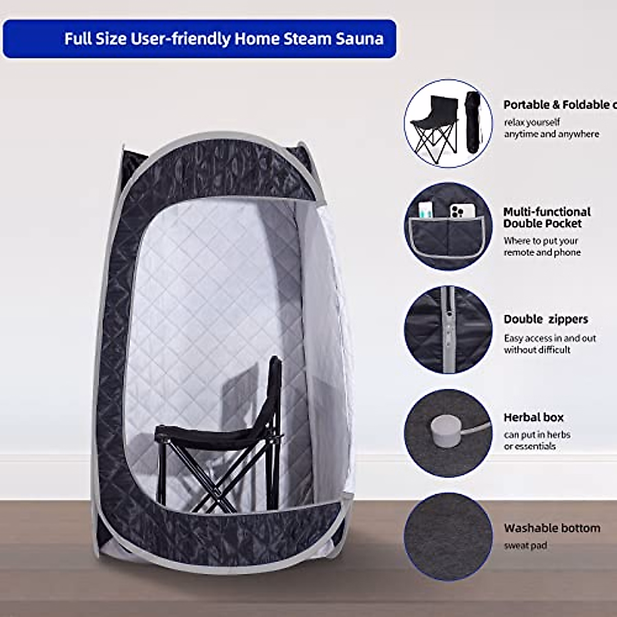 Smartmak Portable Steam Sauna, Full Body Personal Home Spa, Foldable Saunas Tent with 4L & 1500W Steam Generator, 16 Levels Remote Control, Upgraded Chair Included for Relaxation, Panoramic Black Grey