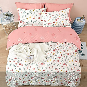 SAPHREAS Sweet Strawberry Pink White Duvet Cover Set Queen Size Cotton 3 Piece Girls Bedding Comforter 1 Duvet Cover 2 Pillow Shams