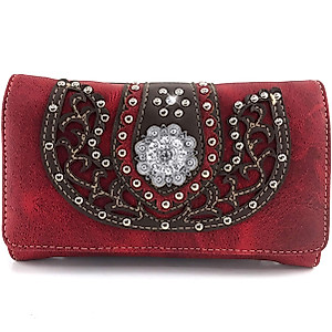 Zelris Western Albino Western Floral Buckle Conceal Carry Women Crossbody Trifold Wallet (Red)