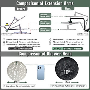 10" High Pressure Rainfall Shower Head with Handheld Combo, Upgrade 12" Extension Arm Height Adjustable, Powerful Shower Head, Brass Shower Holder Extra Long Shower Hose, Matte Black