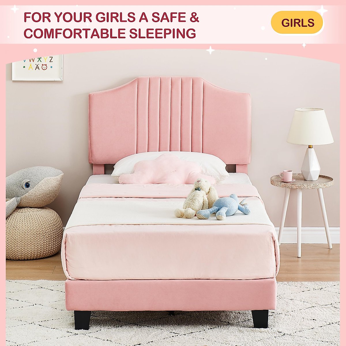 IDEALHOUSE Twin Bed Frame Upholstered Platform with Headboard, Strong Frame and Wooden Slats Support, Velvet Fabric Wrap, Non-Slip and Noise-Free,No Box Spring Needed, Easy Assembly, Pink