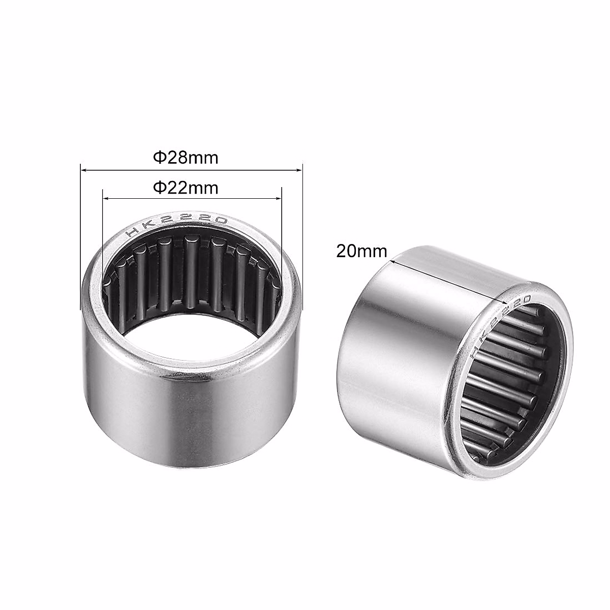 uxcell HK2220 Needle Roller Bearings 22mm Bore 28mm OD 20mm Width Chrome Steel Open End