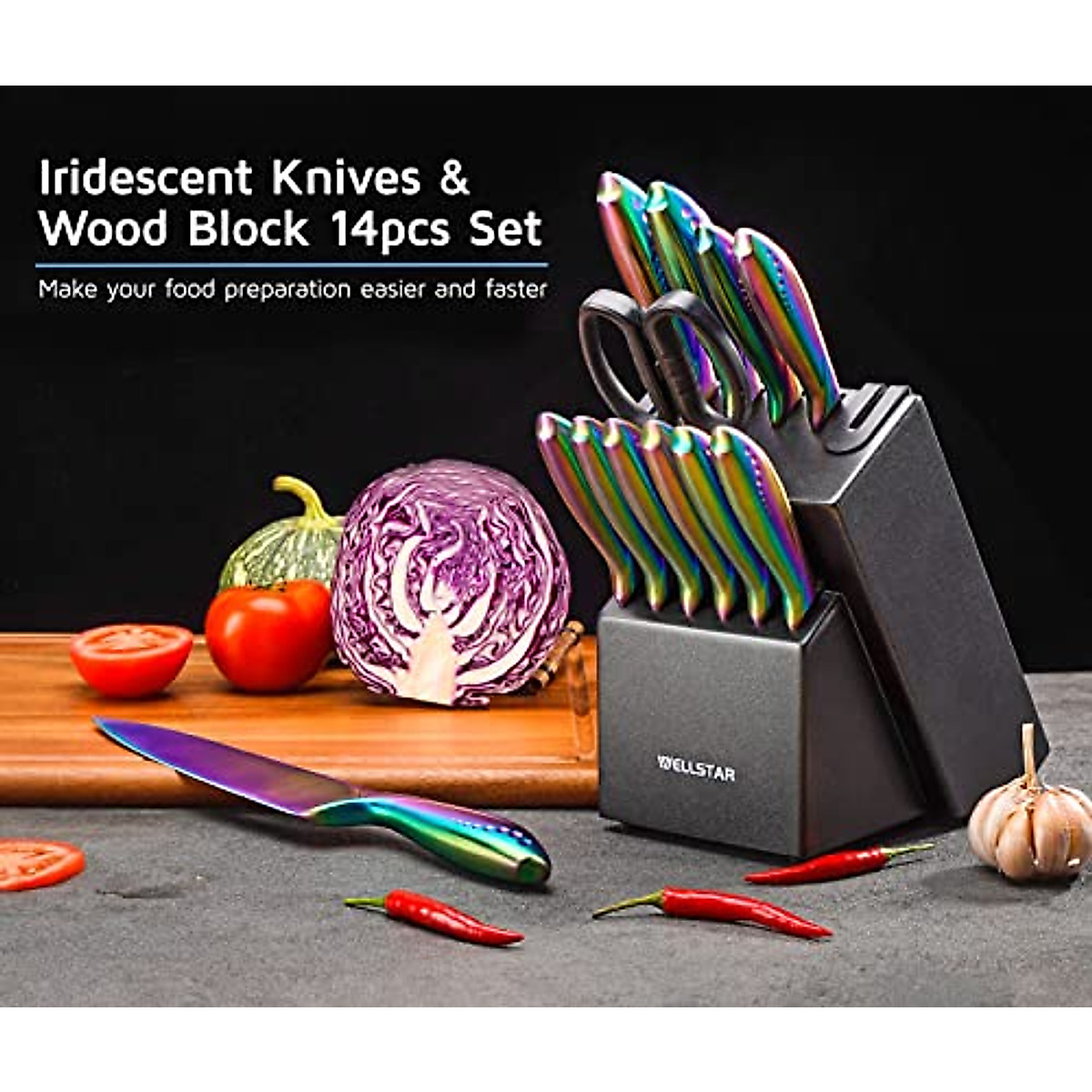 WELLSTAR Rainbow Knife Set 14 Pieces, Iridescent German Stainless Steel Kitchen Knives Set with Wooden Block, Colorful Titanium Coating, Chef’s Knife Block Set with Scissors and Built-in Sharpener