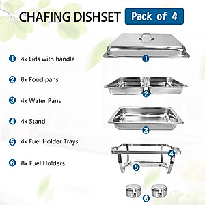 Jacgood Chafing Dish for Buffet, 4 Pack Stainless Steel Chafing Servers Food Warmer Set with 8QT Half Size Food Pan for Kitchen Party Banquet Dining