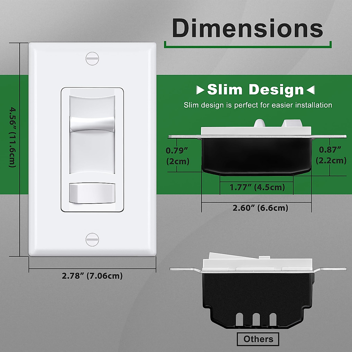 (6 Pack) UNIELE Ultra Slim Dimmer Light Switch, Max 300W Dimmable LED, CFL Lights, 600W Incandescent, Single-Pole or 3 Way LED Slide Dimmer Light Switch, 15A/120V/60Hz, ETL Listed, White
