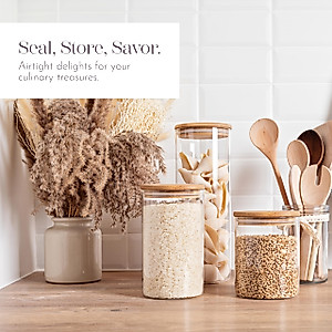 WHOLE HOUSEWARES Glass Jars with Bamboo Lids - 4-Piece Modular Set (33.8oz, 25.4oz, 15.2oz, 11.2oz) with Modern Wooden Lids - Transparent, Fresh & Convenient Air Tight Pantry Storage Containers