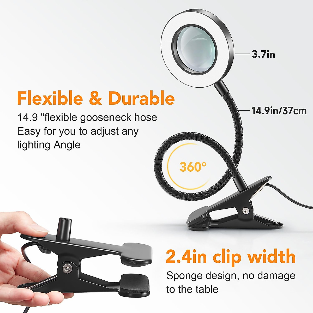 Magnifying Glass with Light 5X, 9w Clip on Light, 48 LED Desk Lamp wtih Clamp Light, 3 Modes Dimmable Magnifying Lamp, LED Desk Light, Clamp Lamp, Clip on Lamps for Bed Desk Work Crafts Workbench