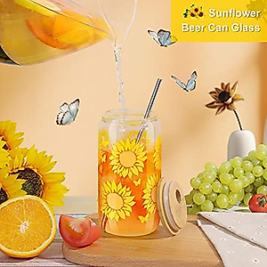 Lvoetgif Sunflower Gifts for Women, Iced Coffee Glass with Bamboo Lids and Straw, Beer Can Shaped Drinking Glass Cup, Inspirational Birthday Sunshine Christmas Gifts for Mom, Best Friend, Wife