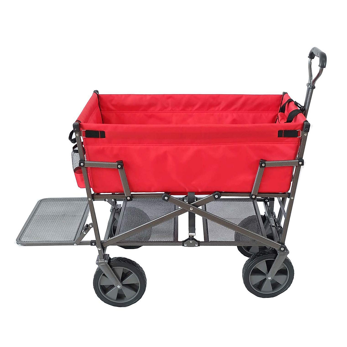 MacSports Double Decker Heavy Duty Steel Frame Collapsible Outdoor 150 Pound Capacity Yard Cart Utility Garden Wagon with Lower Storage Shelf, Red