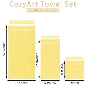 COZYART Light Yellow Luxury Bath Towel Set, Turkish Cotton Hotel Towel Bulk for Bathroom, Thick Bathroom Set of 6 Pcs with 2 Large Bath Towels, 2 Hand Towels, 2 Washcloths, 650 GSM.