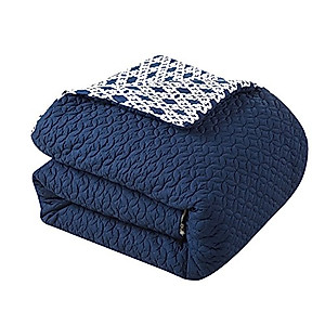 Chic Home Sigal 20 Piece Comforter Set Reversible Geometric Quilted Design Complete Bed in a Bag Bedding – Sheets Decorative Pillows Shams Window Treatments Curtains Included King Navy