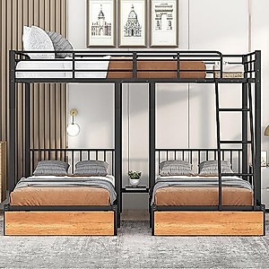 Metal Triple Bunk Bed Full Over Twin & Twin, Full Over Twin & Twin Bunk Bed with Storage Drawers, 3 Bunk Beds/Convertible Into 3 Beds, Metal Triple Bunk Beds for Kids,Teens, Girls(Black)