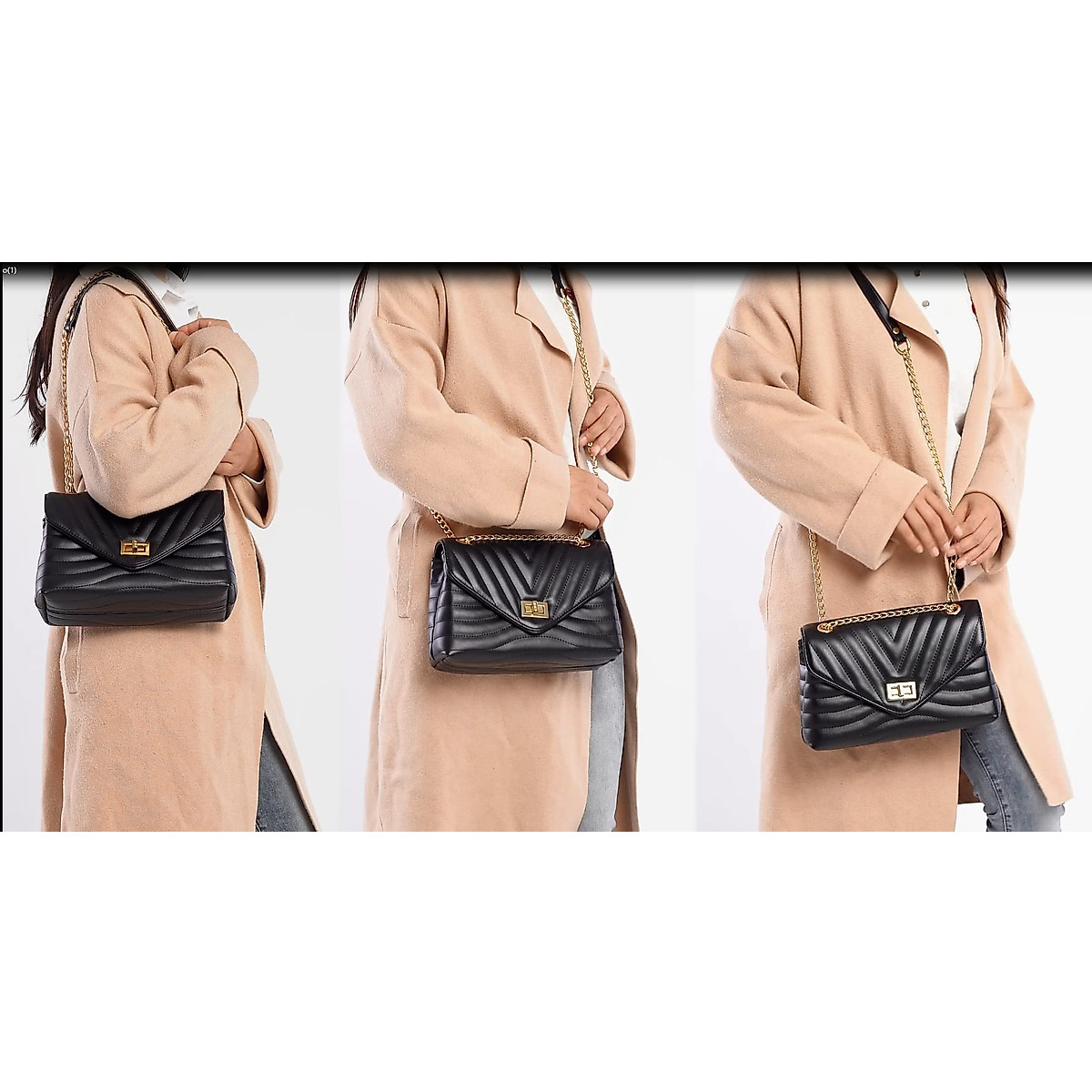 ANT EXPEDITION Small Quilted Shoulder Purses and Handbags for Women Trendy Design Crossbody Bags with Sliding Gold Chain Strap (Black)