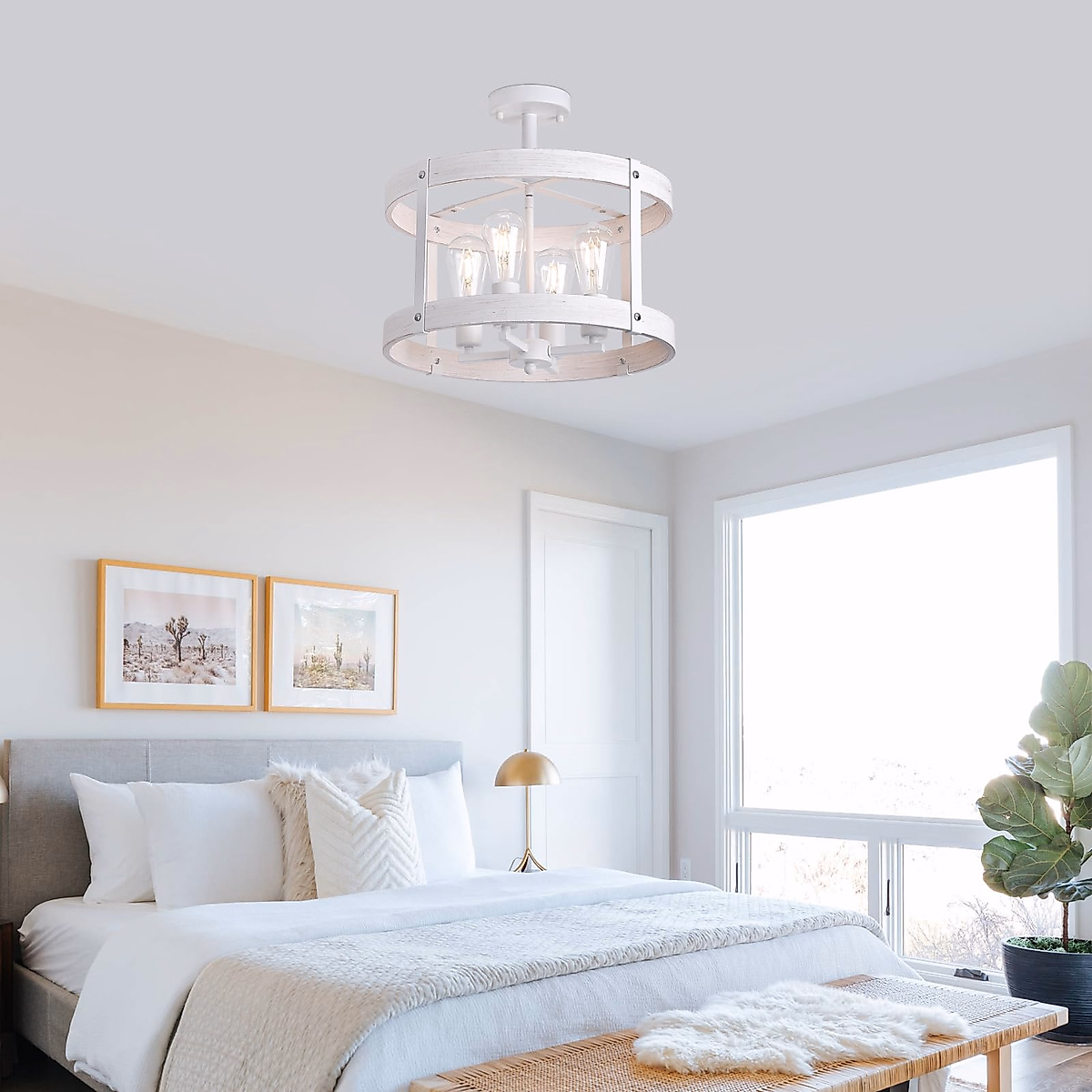 Hchunqjor Modern Farmhouse Flush Mount Light Fixture, 16.5in Distressed Wood Cage, for Kitchen Entryway Living Room