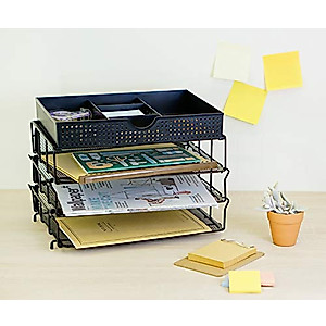 CAXXA 3 Trays Stackable Mesh Letter Tray, Desk File Organizer, Desktop Paper Tray Holder with Drawer, Black