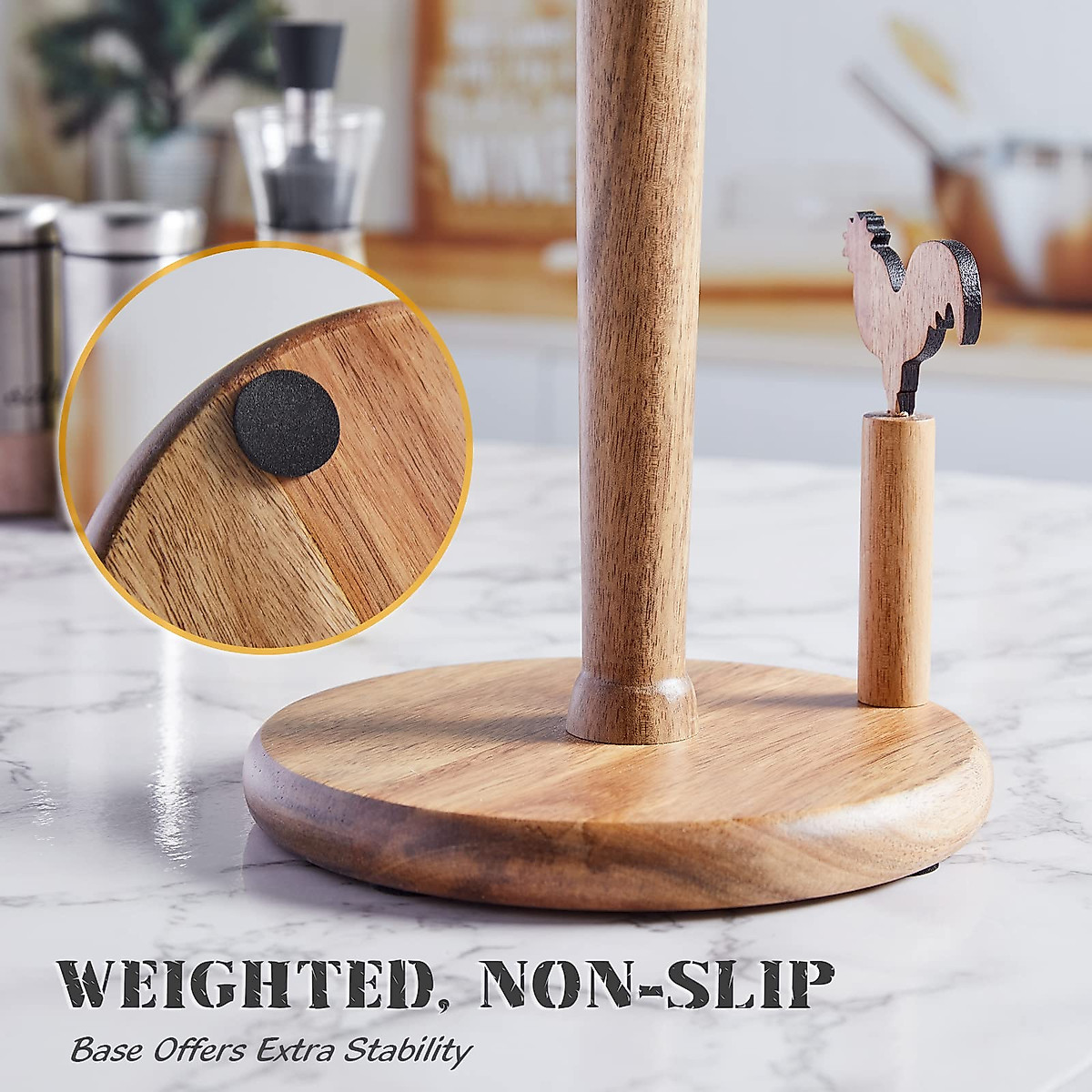 Paper Towel Holder Countertop, Bivvclaz Acacia Wood Paper Towel Holder Stand with Arm and Non Slip Weighted Base, Kitchen Paper Towel Roll Dispenser for Standard & Jumbo Sized Paper Towels