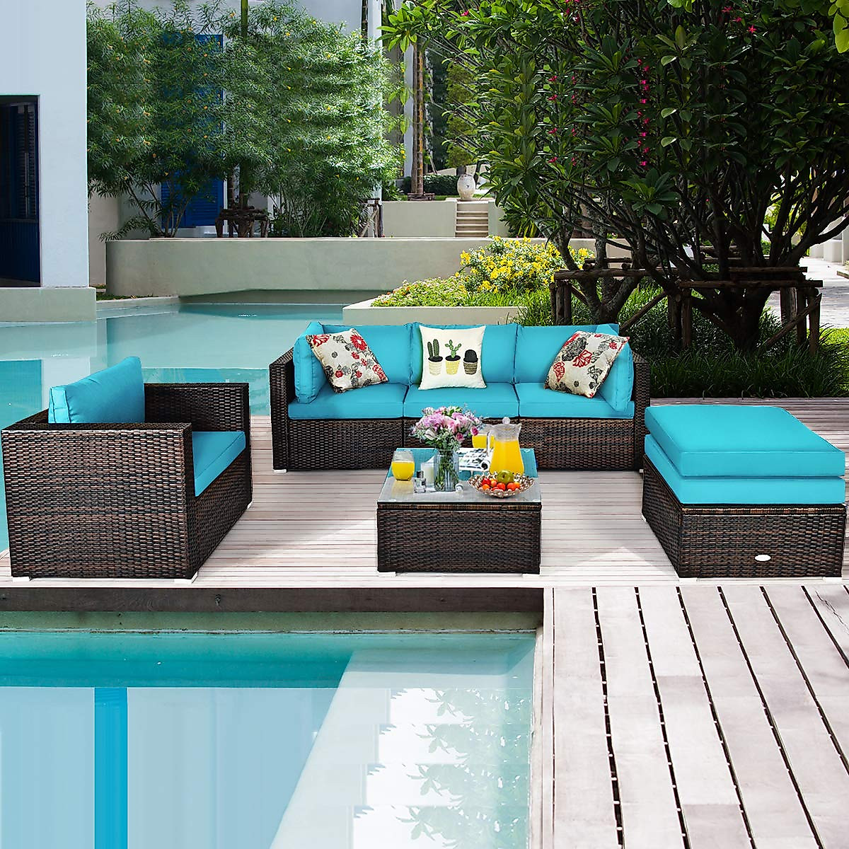 Tangkula 6 Pieces Patio Rattan Sectional Furniture Set, Outdoor Wicker Conversation Set with Glass Coffee Table Sofa Ottoman, Wicker Sofa Set with Back & Seat Cushion for Backyard Garden (Turquoise)