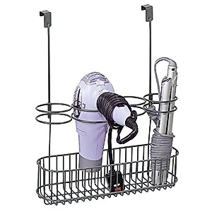 mDesign Metal Over Door Bathroom Hair Care & Styling Tool Organizer Storage Basket for Hair Dryer, Flat Irons, Curling Wands, Hair Straighteners - Hang Inside/Outside Cabinet Doors - Graphite Gray