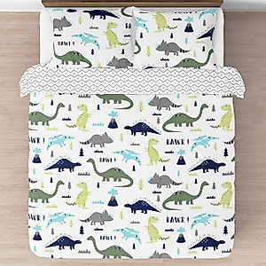 Sweet Jojo Designs Navy Blue and Green Modern Dinosaur Boys or Girls 3 Piece Full/Queen Bedding Childrens Teen Mod Dino Set