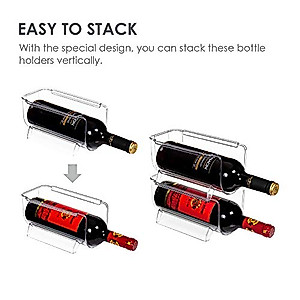 Vtopmart Refrigerator Wine and Water Bottle Holder, 4Pack Stackable Plastic Wine Rack Storage Organizer for Fridge, Cabinet, Pantry, Kitchen Countertops, Clear