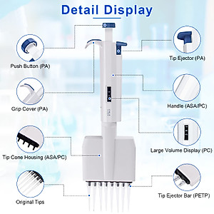 FOUR E'S SCIENTIFIC Multichannel Pipette 8 Channels Adjustable Volume Pipettor, 50-300uL