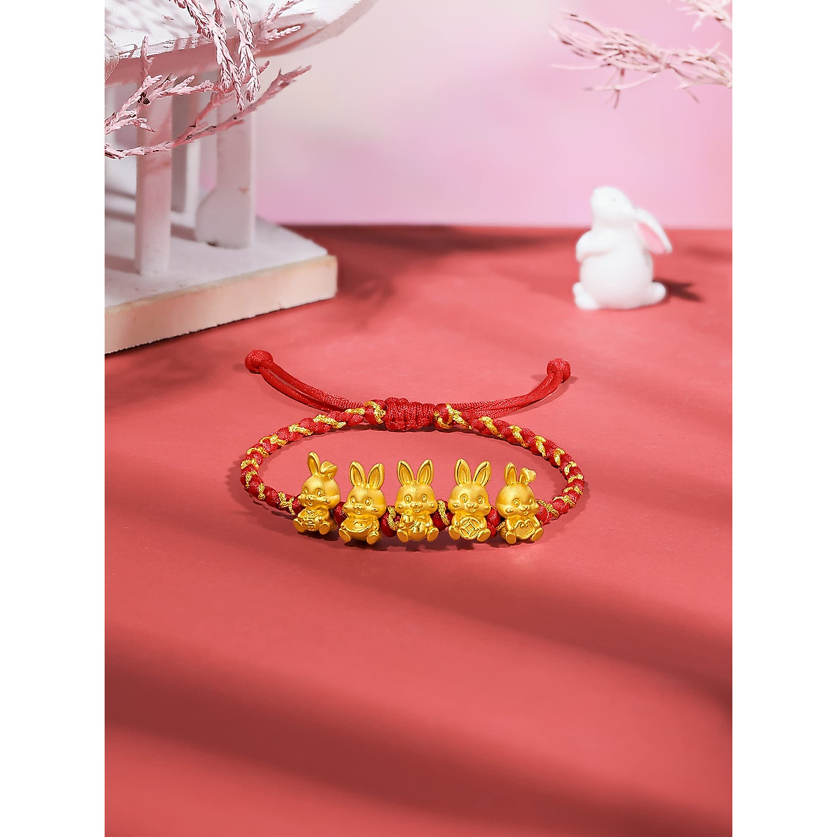 ZHOU LIU FU Real Gold Charm Bracelets for Women, Adjustable 5 Lucky Rabbit 24K Solid Gold Jewelry Braided Red Bracelet, Fortune Rabbit Charm Bracelets Lucky Bunny Pure Gold Bangle Bracelets