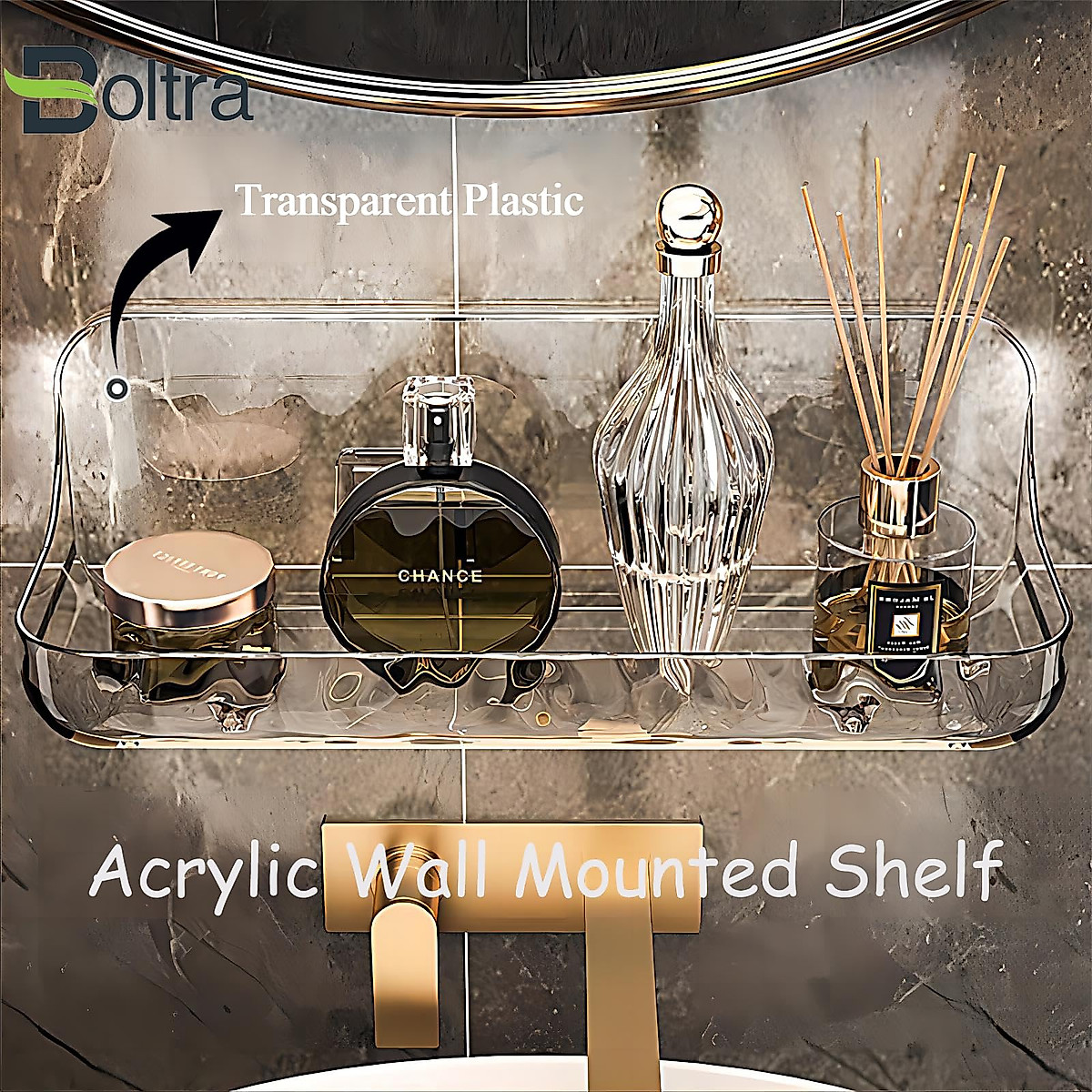 Boltra Clear Shower Caddy Shelves, 2-Pcs Acrylic Wall Mounted Shelf Bathroom Organizers and Container Without Drilling Plastic Shelf for Bathroom, Kitchen