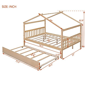 Quarte Full Size Wooden House Bed with Twin Size Trundle,Wooden Daybed Tent Bed for Kids Boys Girls Bedroom,Can be Decorated (Natural/House6)