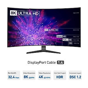 Cable Matters [VESA Certified] 6 ft 32.4Gbps Braided DisplayPort Cable 1.4, 8K 60Hz / 4K 240Hz DisplayPort 1.4 Cable with FreeSync, G-SYNC and HDR for Gaming Monitor, PC, RTX 4080/4090, RX 6800/6900