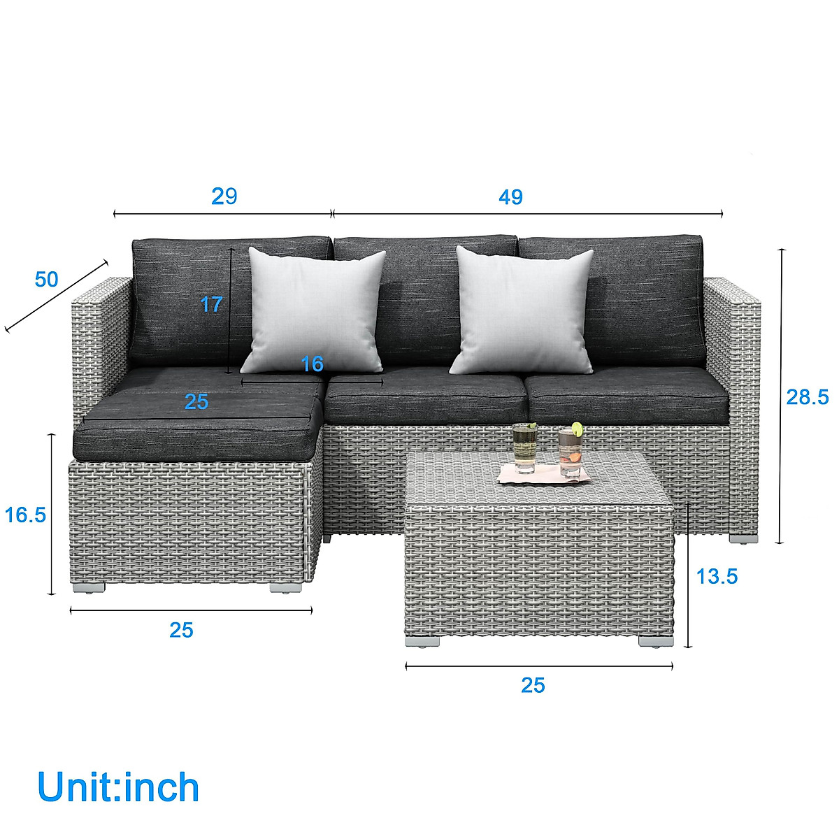 Patio Furniture Sectional Sofa Set – 3 Piece All Weather Resin Wicker Outdoor Conversation Set Black Washable Cushions & Coffee Table | Garden | Backyard | Pool | 2 Clips