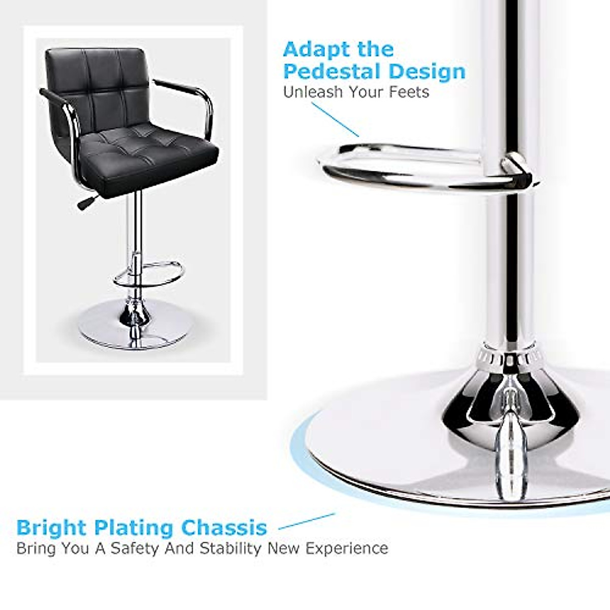 Leopard Adjustable Bar Stools with Armrest, Square Back Swivel Double Stitching with Back Bar Stool, Set of 2 (Black)